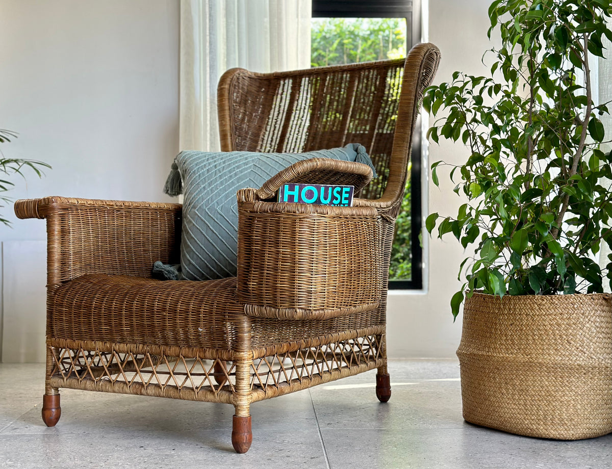 Vintage Rattan Semi- Wingback Chair with Attached Magazine Holder – RE ...