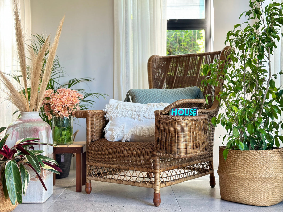 Vintage Rattan Semi- Wingback Chair with Attached Magazine Holder – RE ...